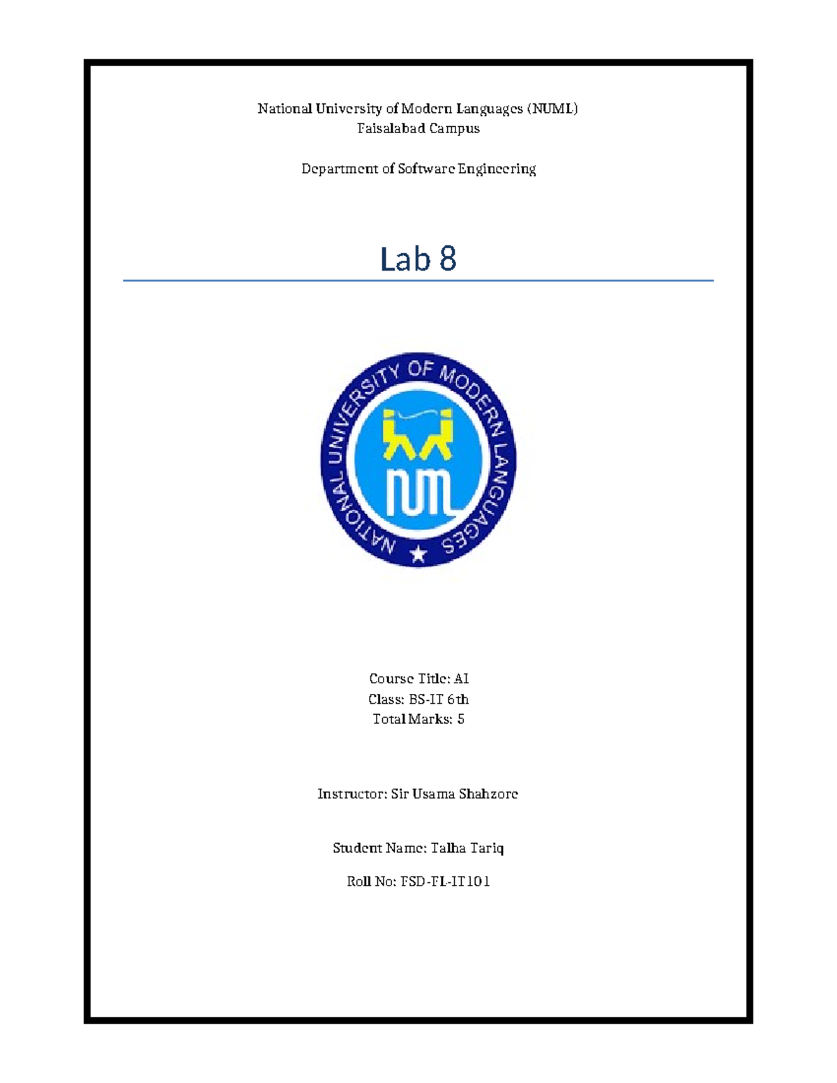Lab 8 - Supervised & Unsupervised Learning in AI (NUML) - Studocu
