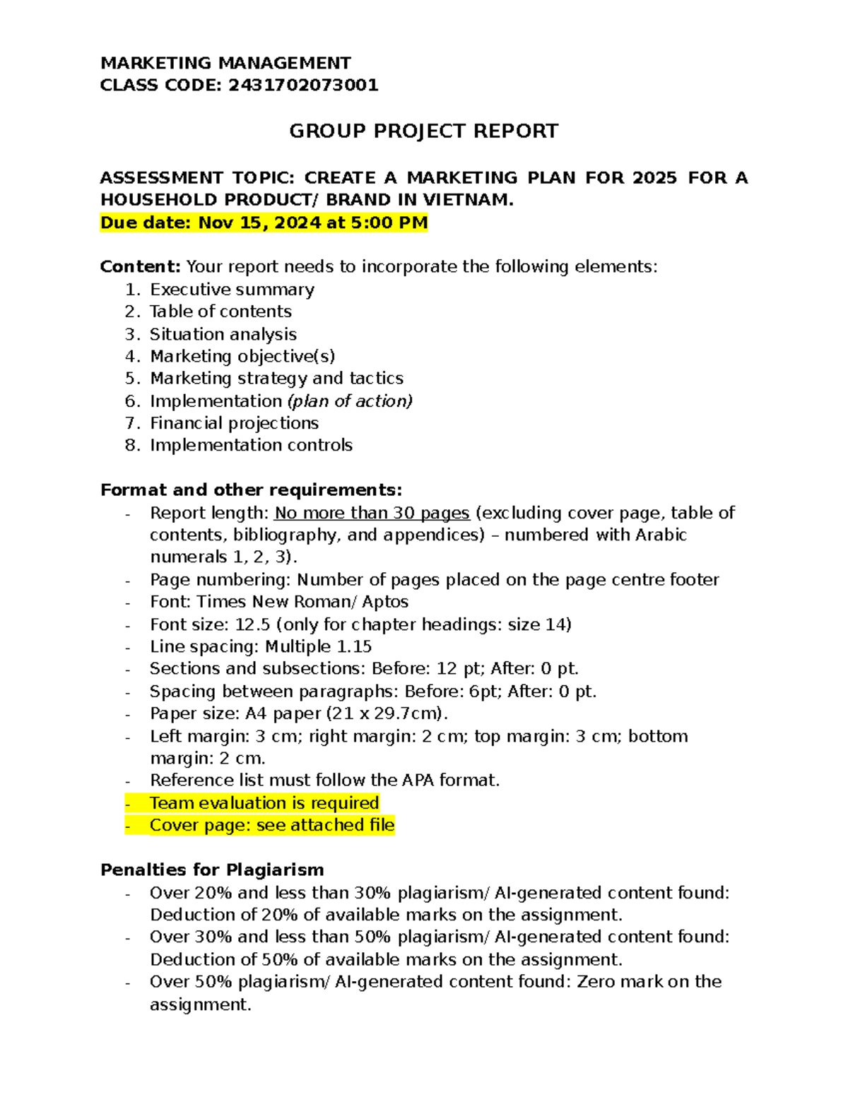 MM 2431702073001 Group Project: Marketing Plan for 2025 in Vietnam ...