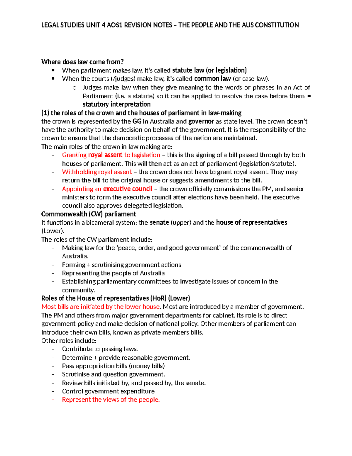 Legal Studies UNIT 4 AOS1 Revision Notes: The People & the Aus ...