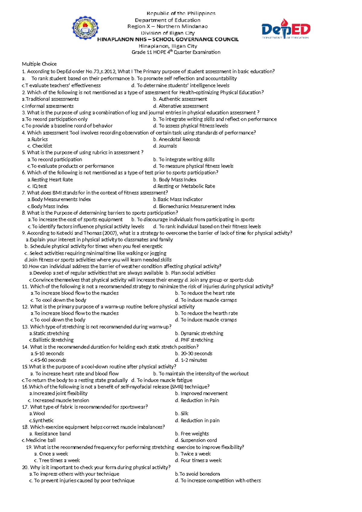 Grade 11 HOPE 4th Quarter Exam Study Guide: Multiple Choice Questions ...