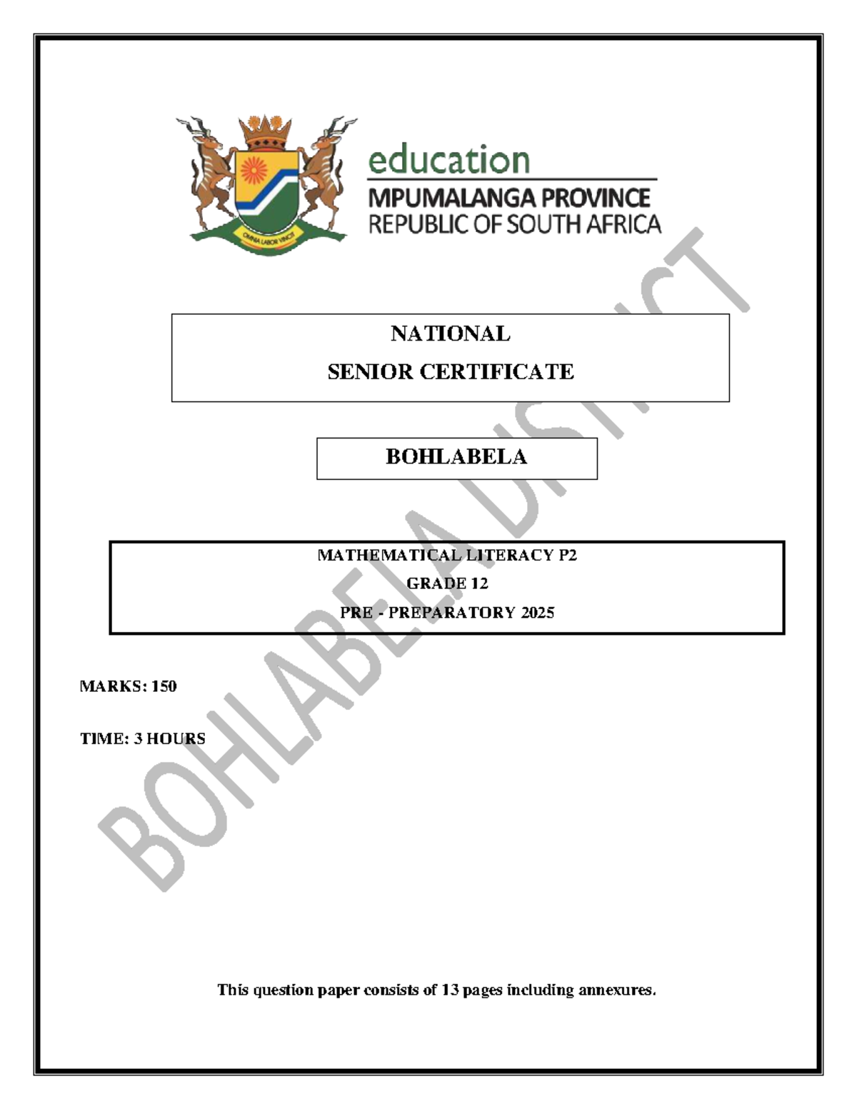 Mathematical Literacy Grade 12 P2 Pre Preparatory Exam 2025 - Bohlabela ...