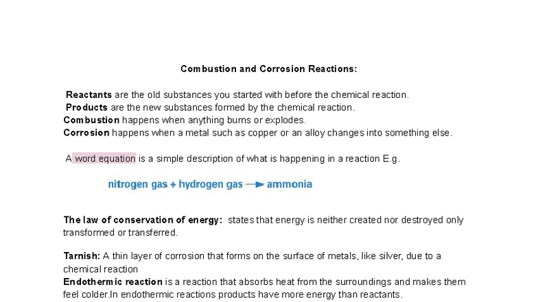 Reactions in Combustion and Corrosion: Science Notes - Studocu