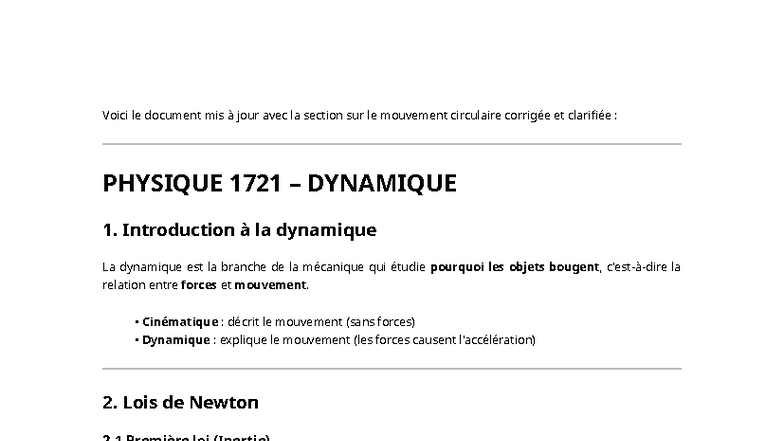 Dynamique Physique 1721 : Mouvements Circulaires et Lois de Newton ...