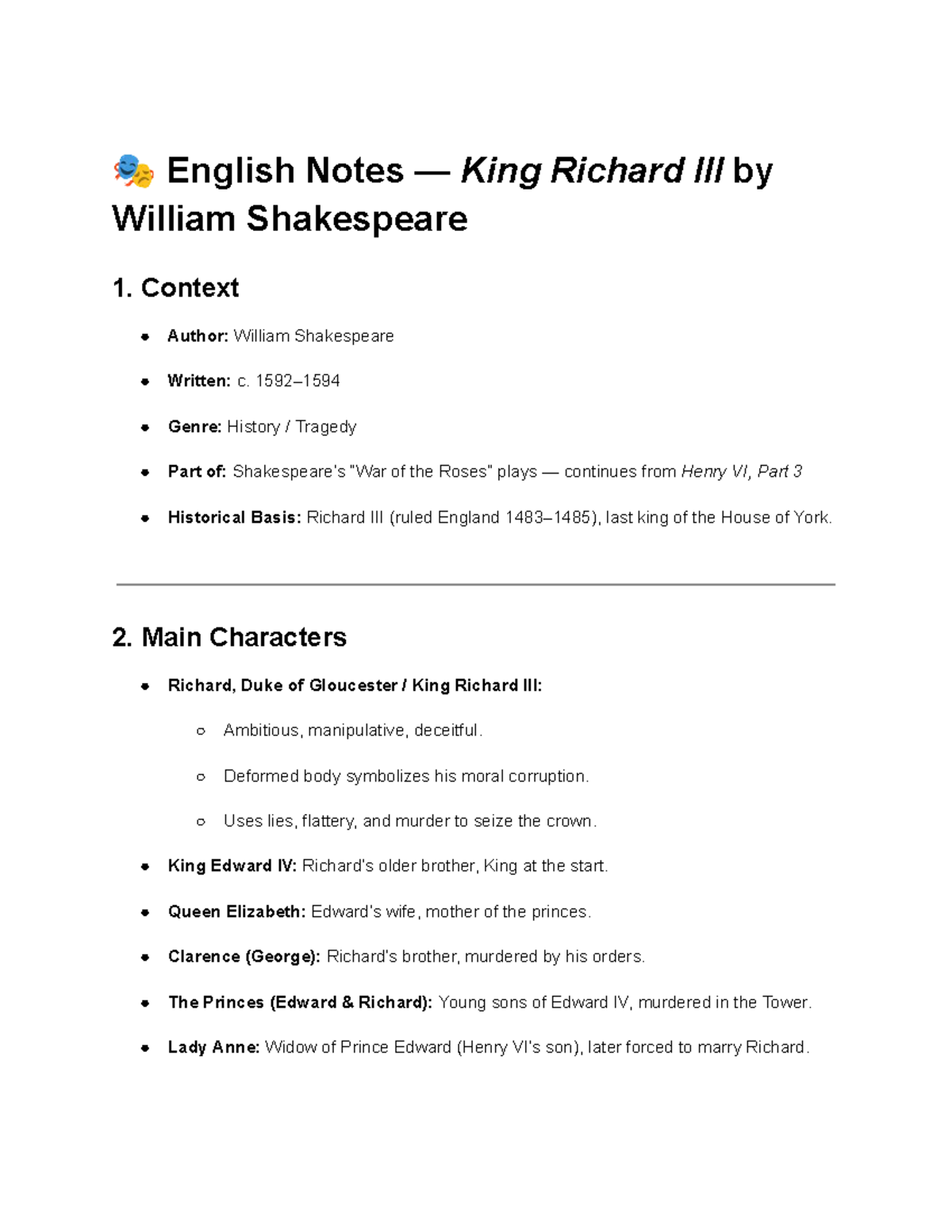 ENG 3 - Summary Notes on King Richard III by Shakespeare - Studocu
