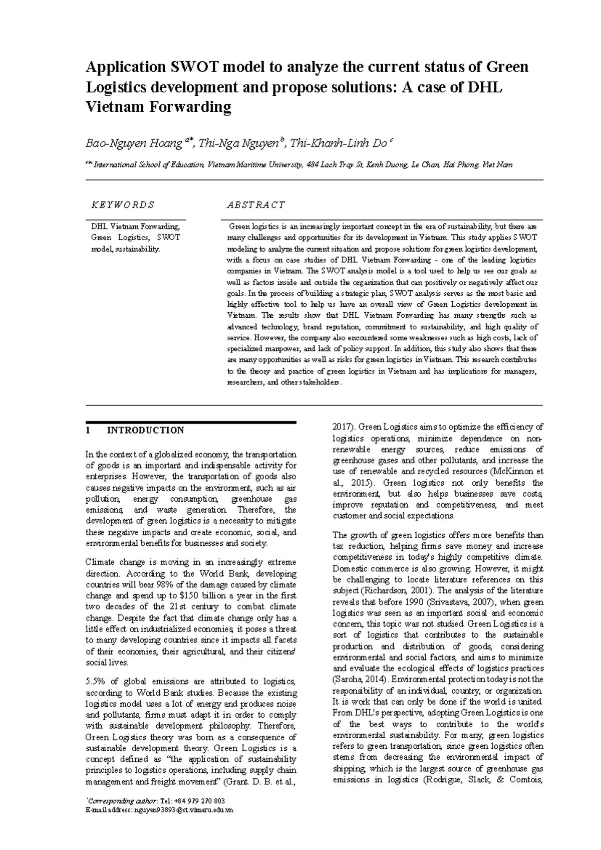 Final SS1 - SWOT Analysis of Green Logistics: DHL Vietnam Case Study ...