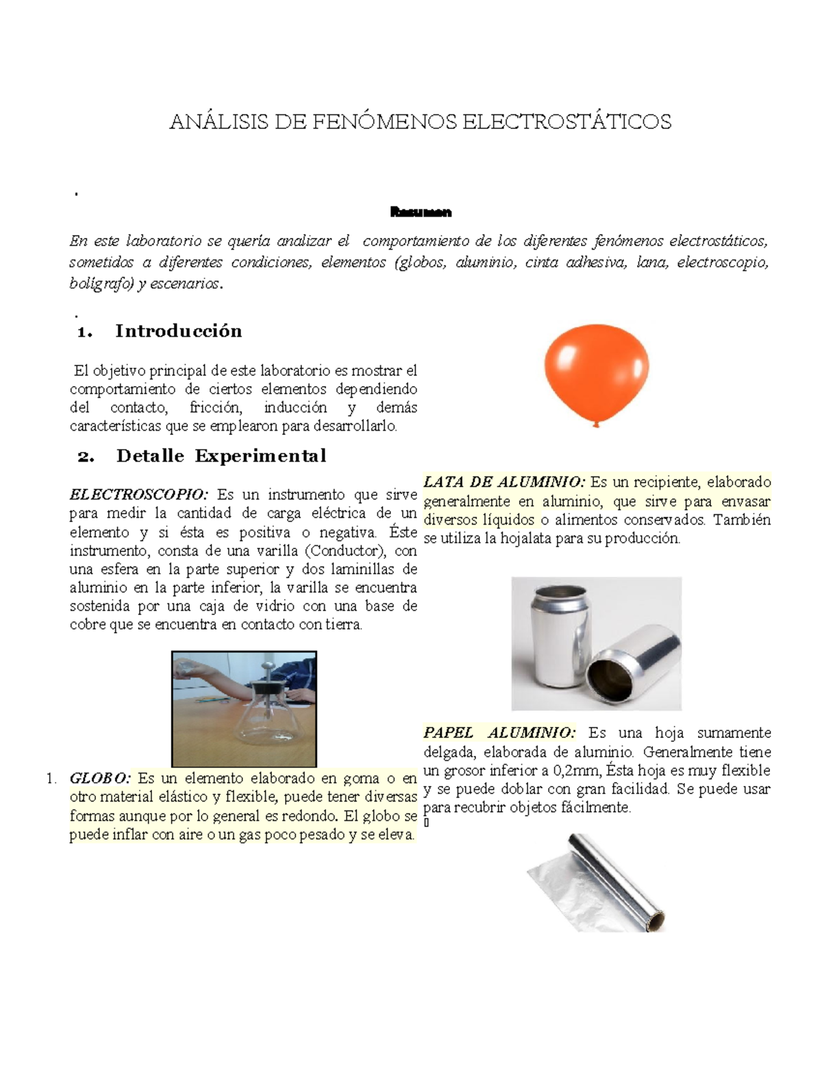 Informe DE Laboratorio 1 - ANÁLISIS DE FENÓMENOS ELECTROSTÁTICOS ...