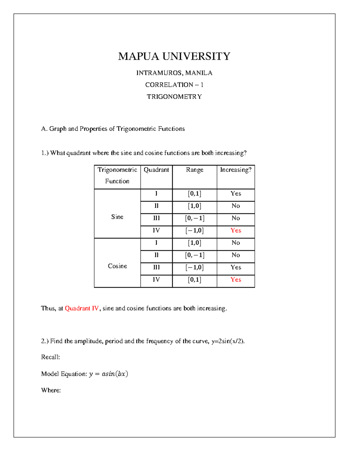 Mapua University - Correlation 1 - Trigonometry - Solutions - MAPUA UNIVERSITY INTRAMUROS ...