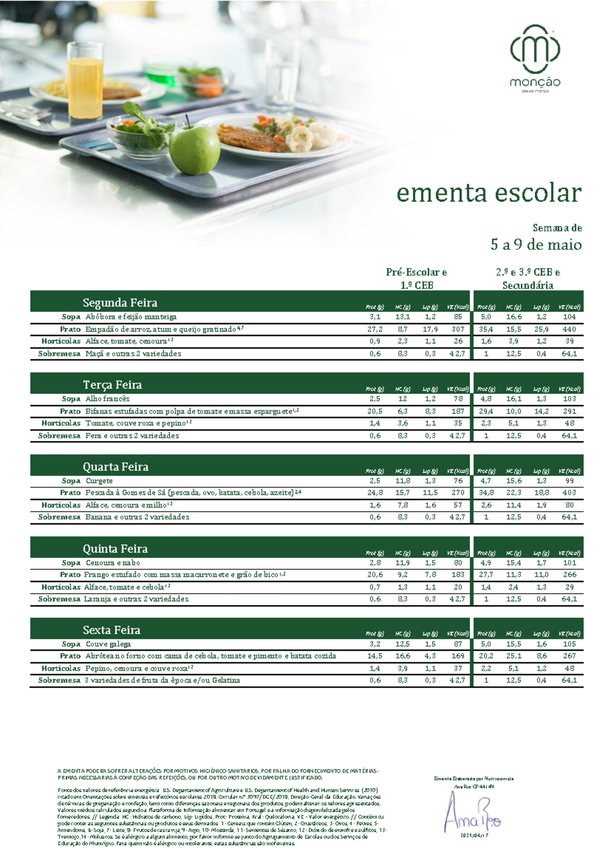 Ementa Escolar 5 a 9 de Maio - 1.º CEB e Secundária - Studocu