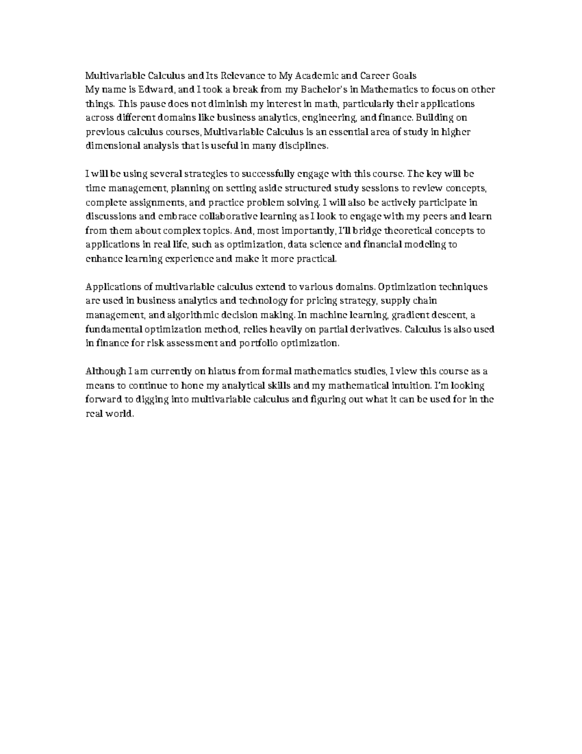 MATH 201: Multivariable Calculus - Academic & Career Relevance Summary ...