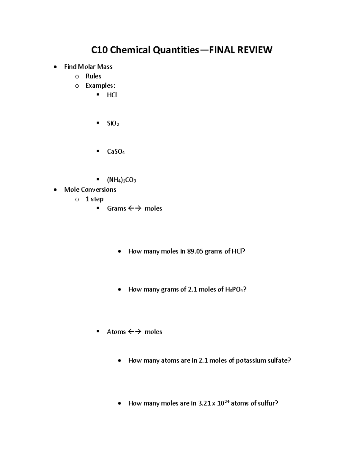 C10 Chemical Quantities - FINAL REVIEW for Chemistry Exam - Studocu