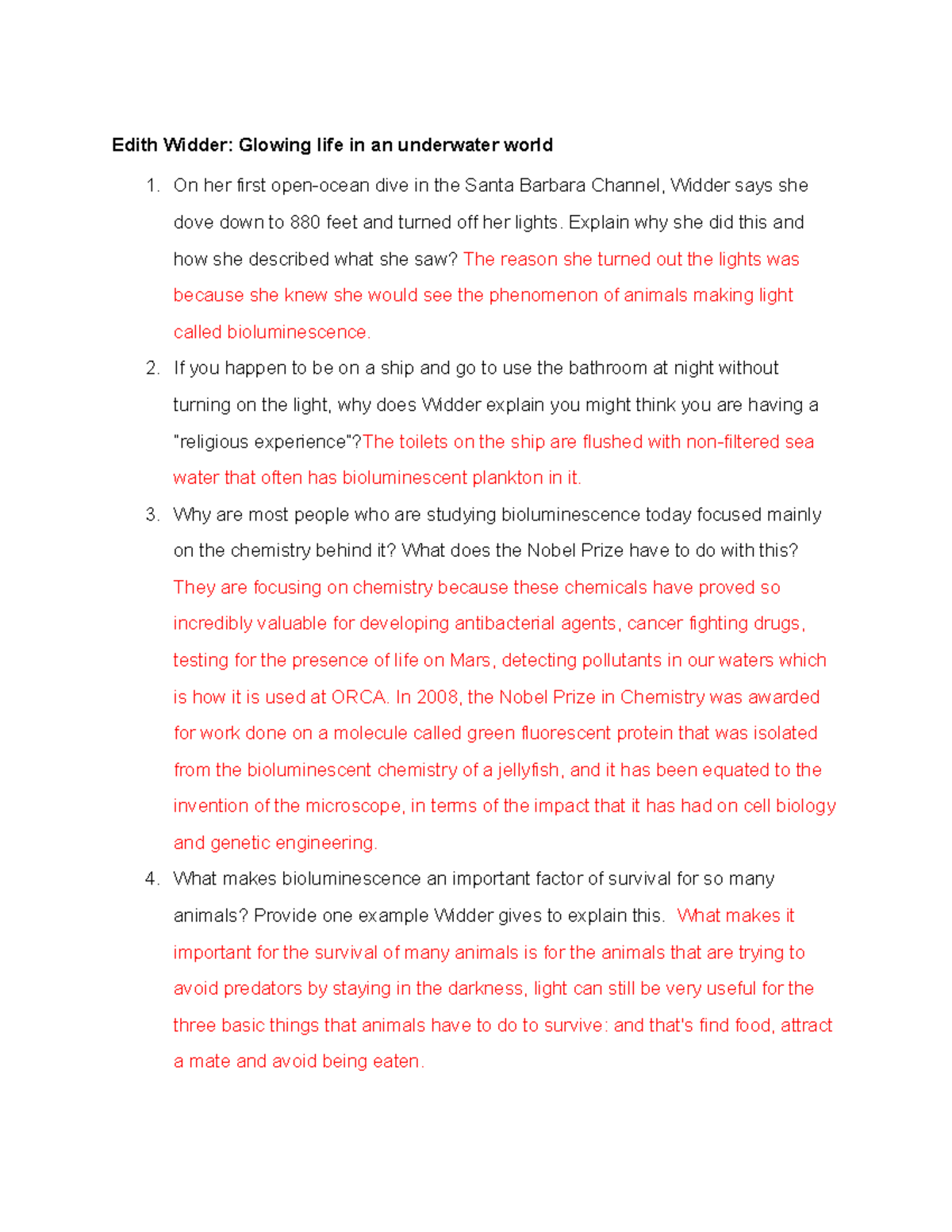 UNIT 6 LAB Questions - good - Edith Widder: Glowing life in an ...