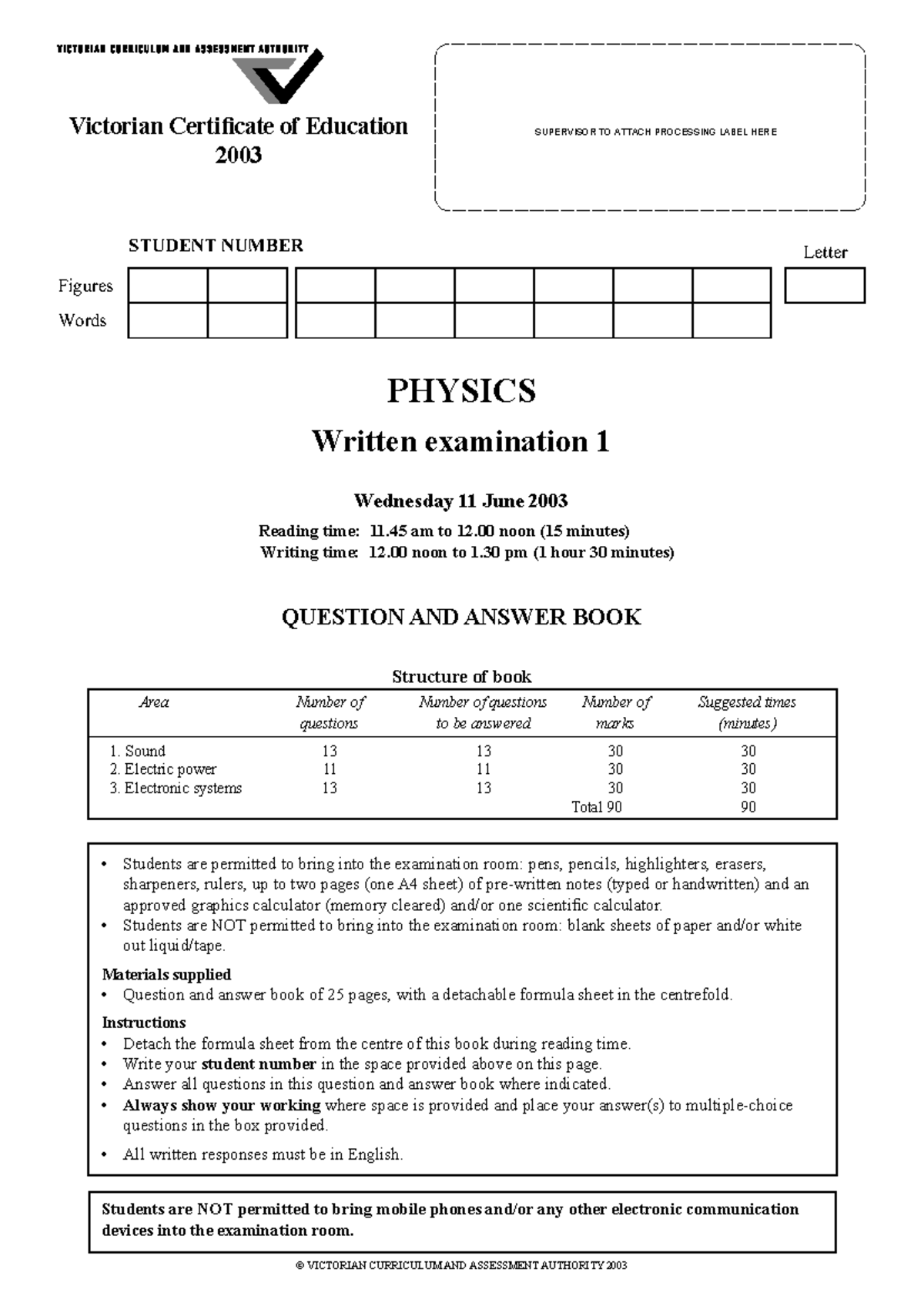 Physics VCE 2003 Exam 1 - Comprehensive Question & Answer Guide - Studocu