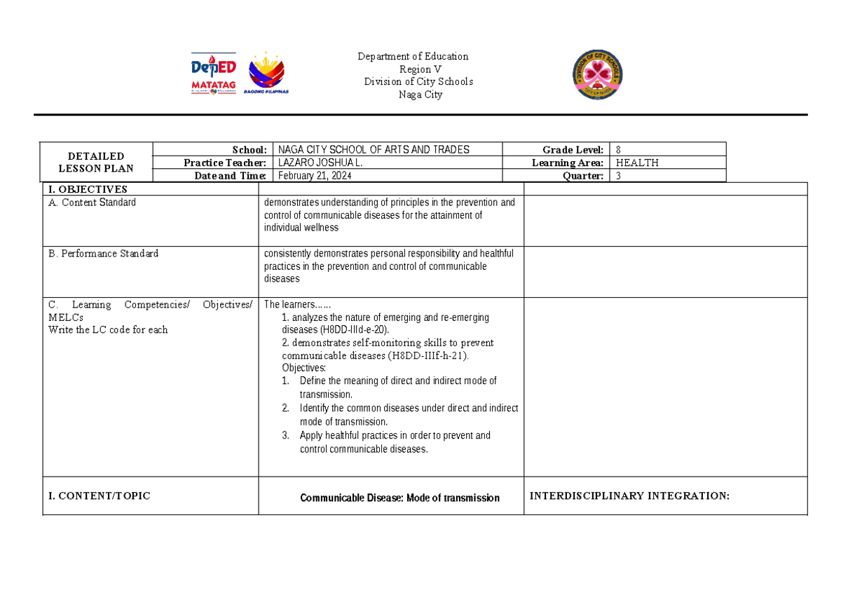 Health 8: Lesson on Modes of Transmission of Communicable Diseases ...