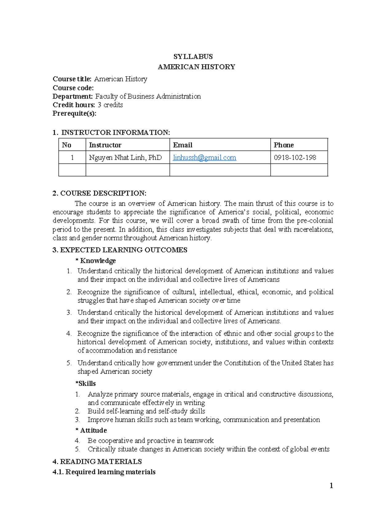 SYLLABUS: AMERICAN HISTORY (Course Code: 3 Credits) - Studocu