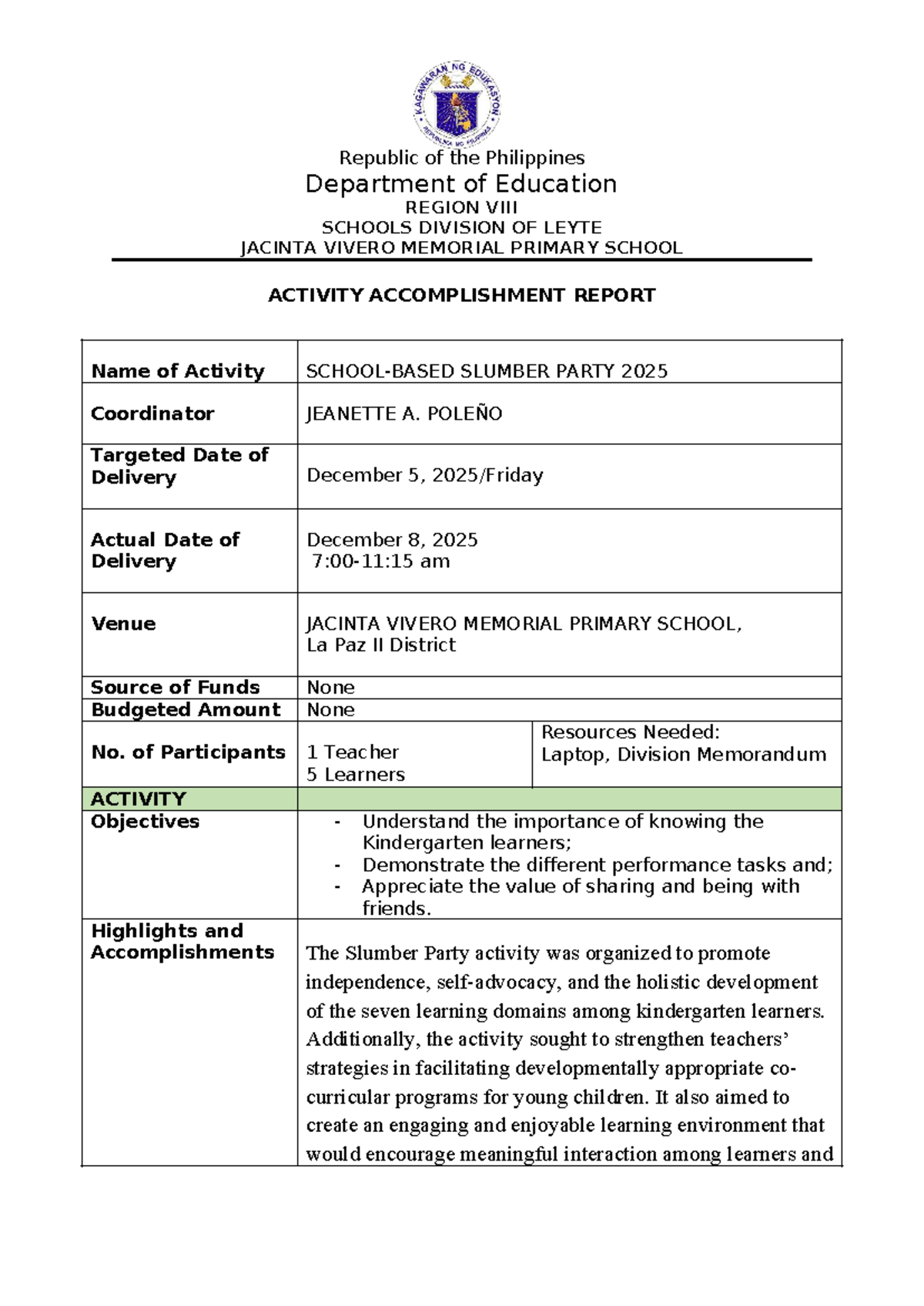 ACR- Jacinta Vivero MPS: Slumber Party 2025 Documentation - Studocu