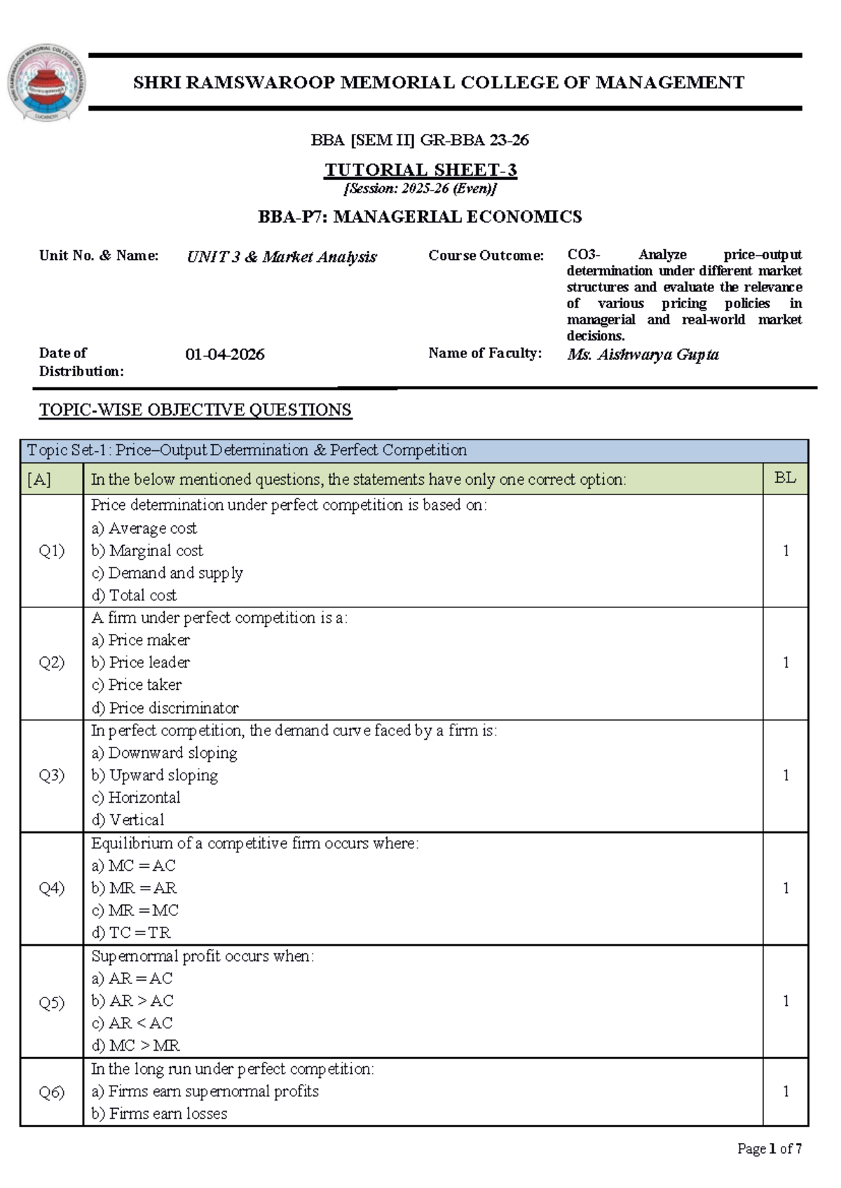 BBA T3 Managerial Economics Unit 3: Market Analysis & Pricing Policies ...