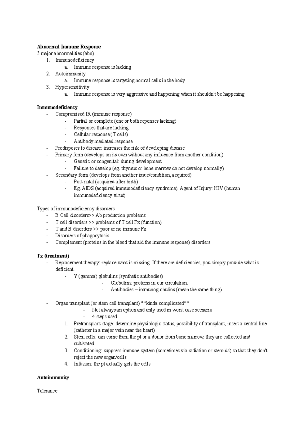 Abnormal Immune Response: Types, Causes, and Treatment Insights - Studocu