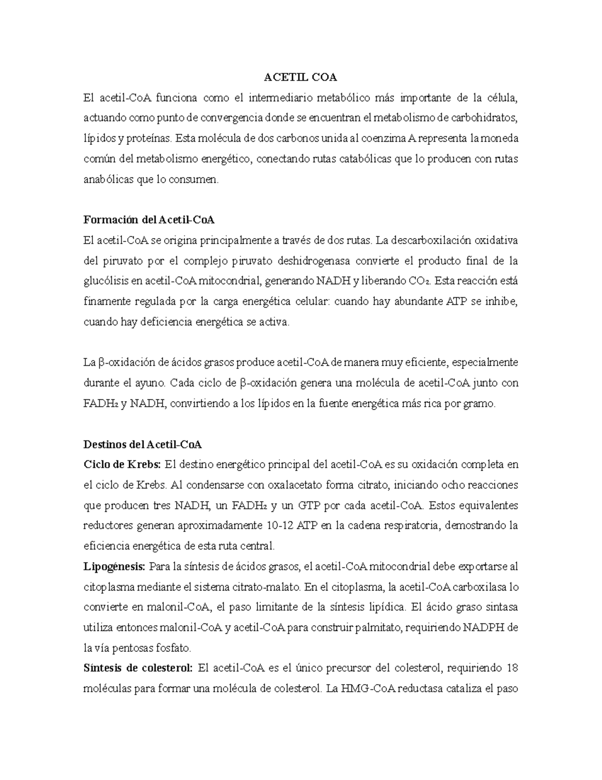 ACETIL COA: Intermediario Metabólico Clave en la Energía Celular - Studocu