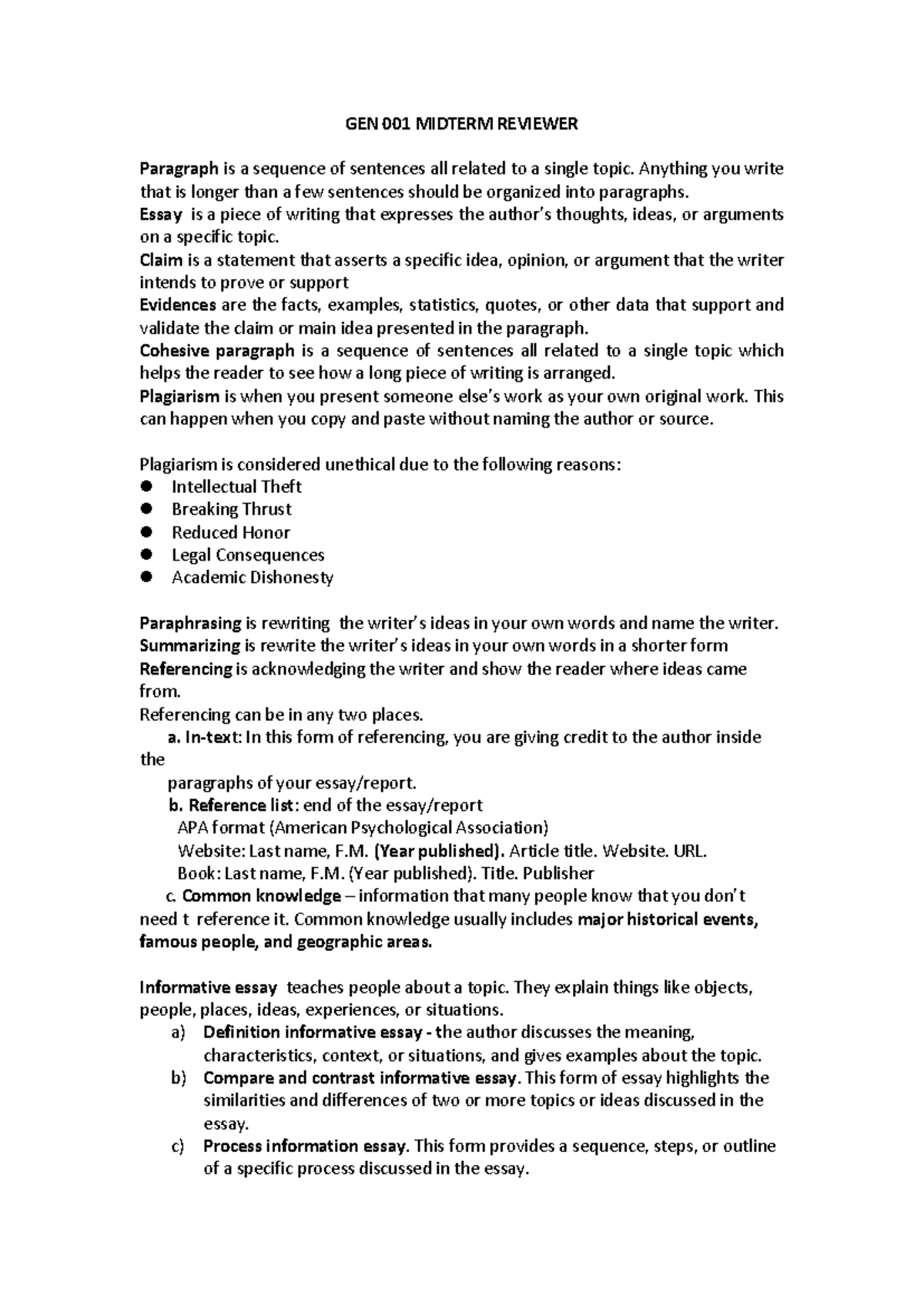 GEN 001 MIDTERM REVIEW: Paragraphs, Essays, and Plagiarism - Studocu