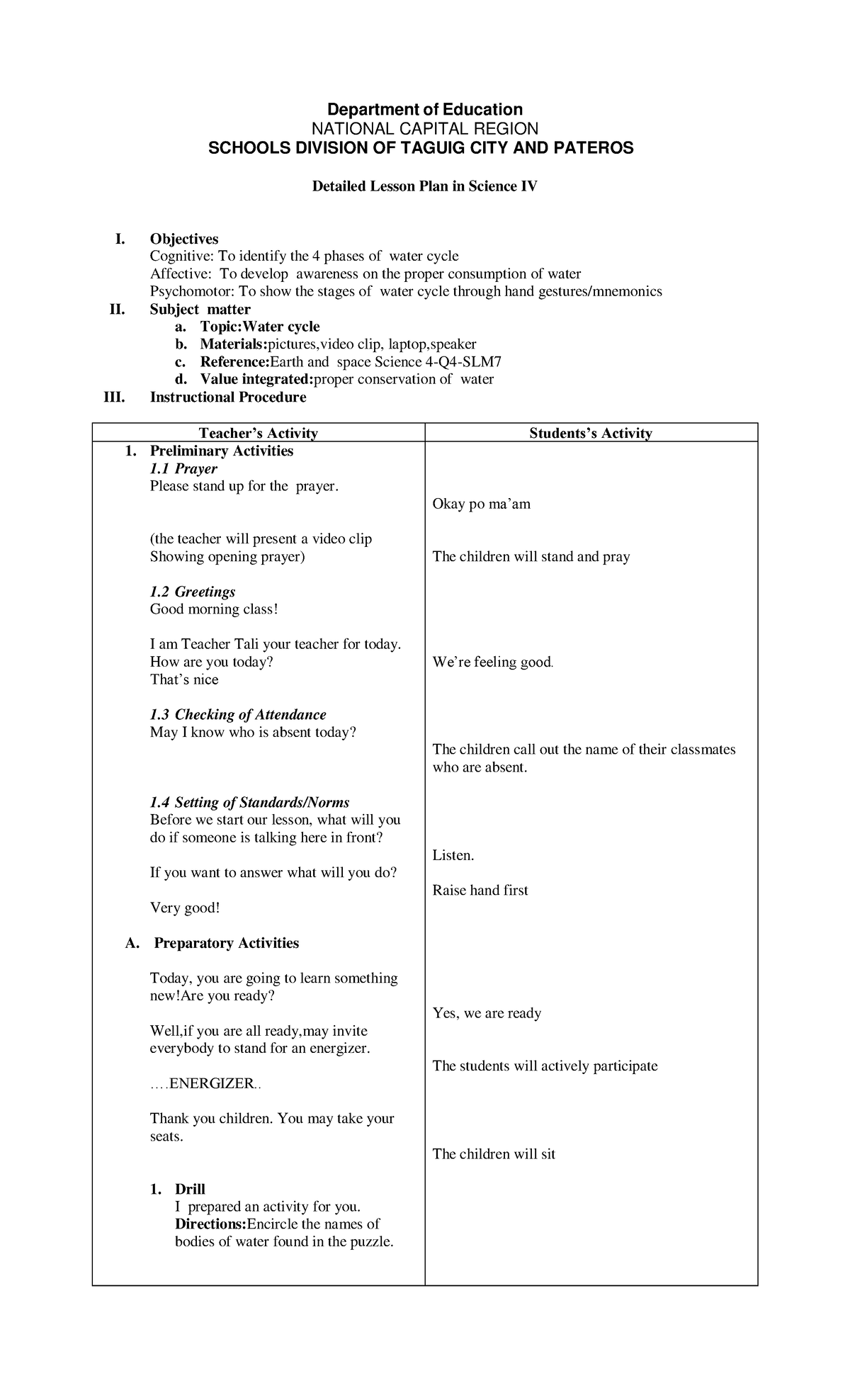 Detailed Lesson Plan: Water Cycle in Science IV (EDUC 101) - Studocu
