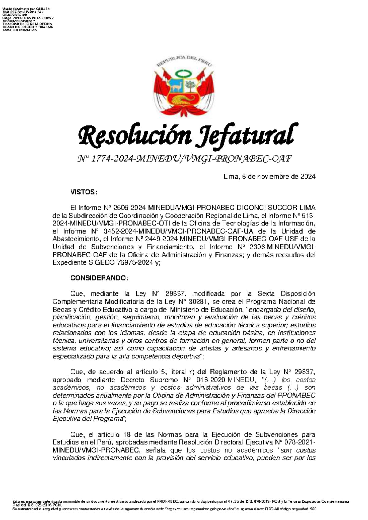 6223068 rj 1774 2024 minedu vmgi pronabec oaf - Resolución Jefatural Nº ...