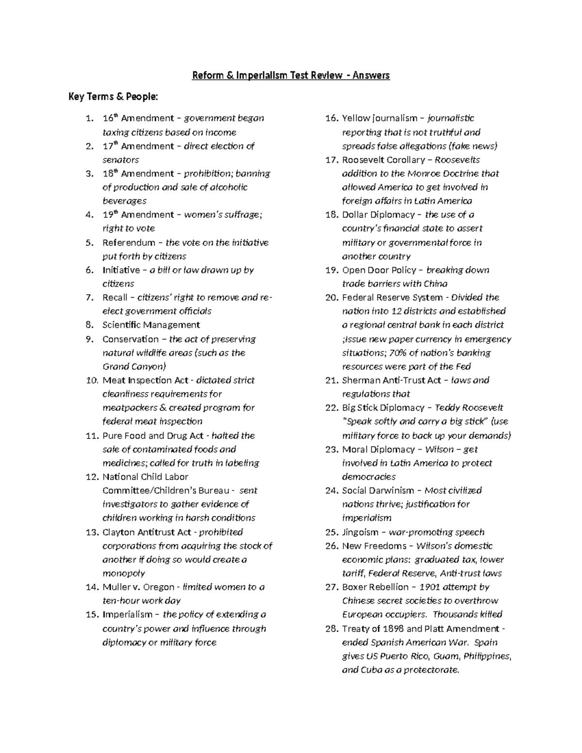 Reform & Imperialism Review: Key Terms and Topics for Exam - Reform ...