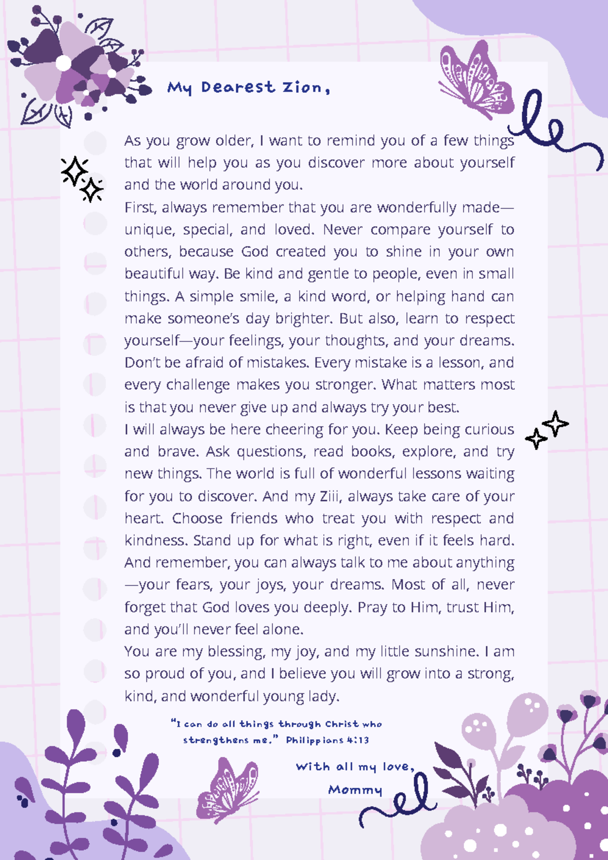 My Dearest Zion: A Loving Letter of Guidance and Support - Studocu
