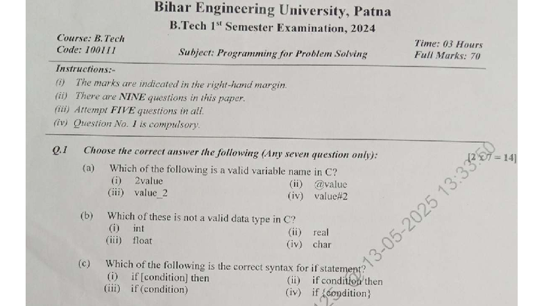 B. Tech 1st Sem Exam 2024: Programming for Problem Solving PYQ - Studocu