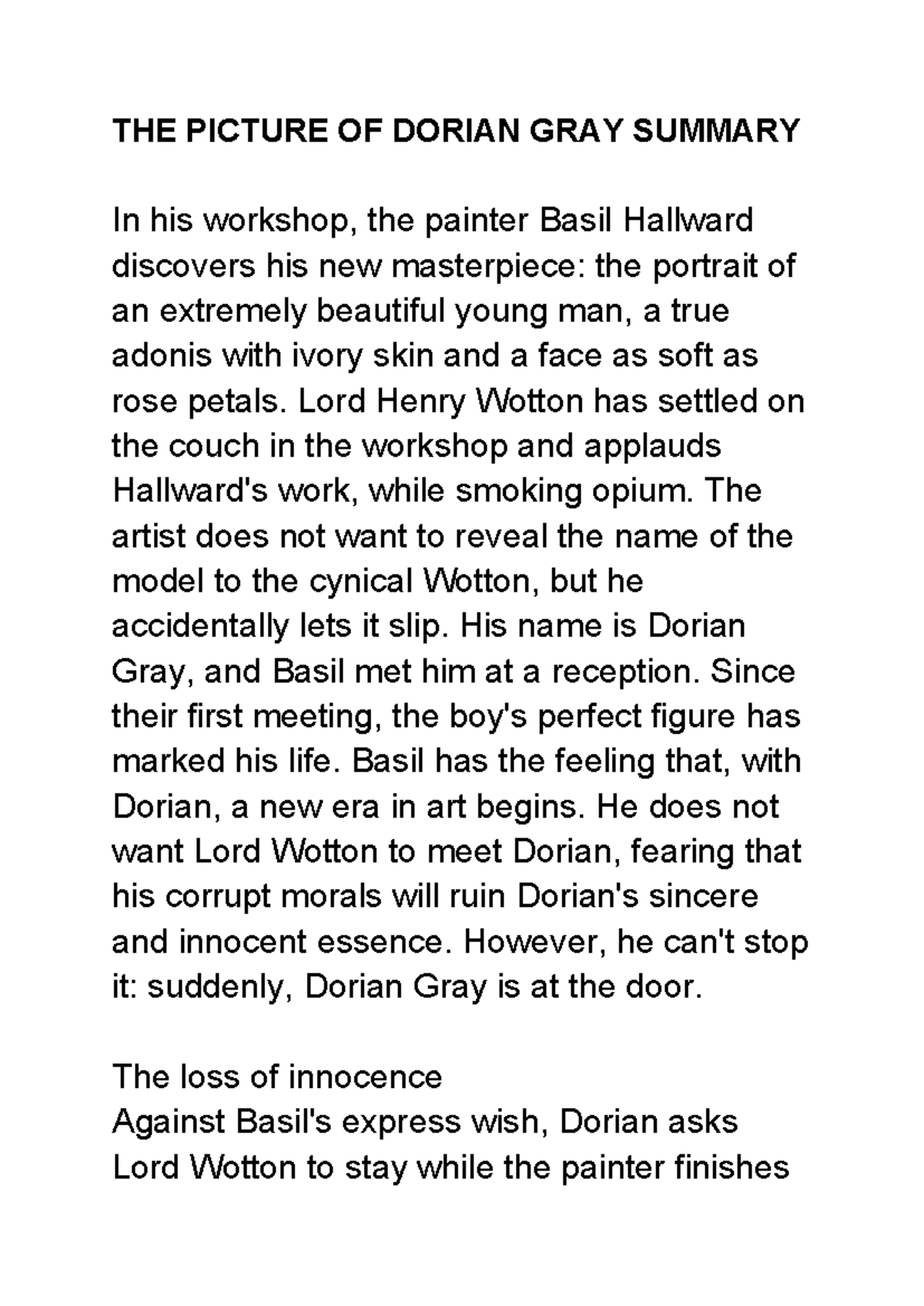 The picture of Dorian Gray SUMMARY - THE PICTURE OF DORIAN GRAY SUMMARY ...