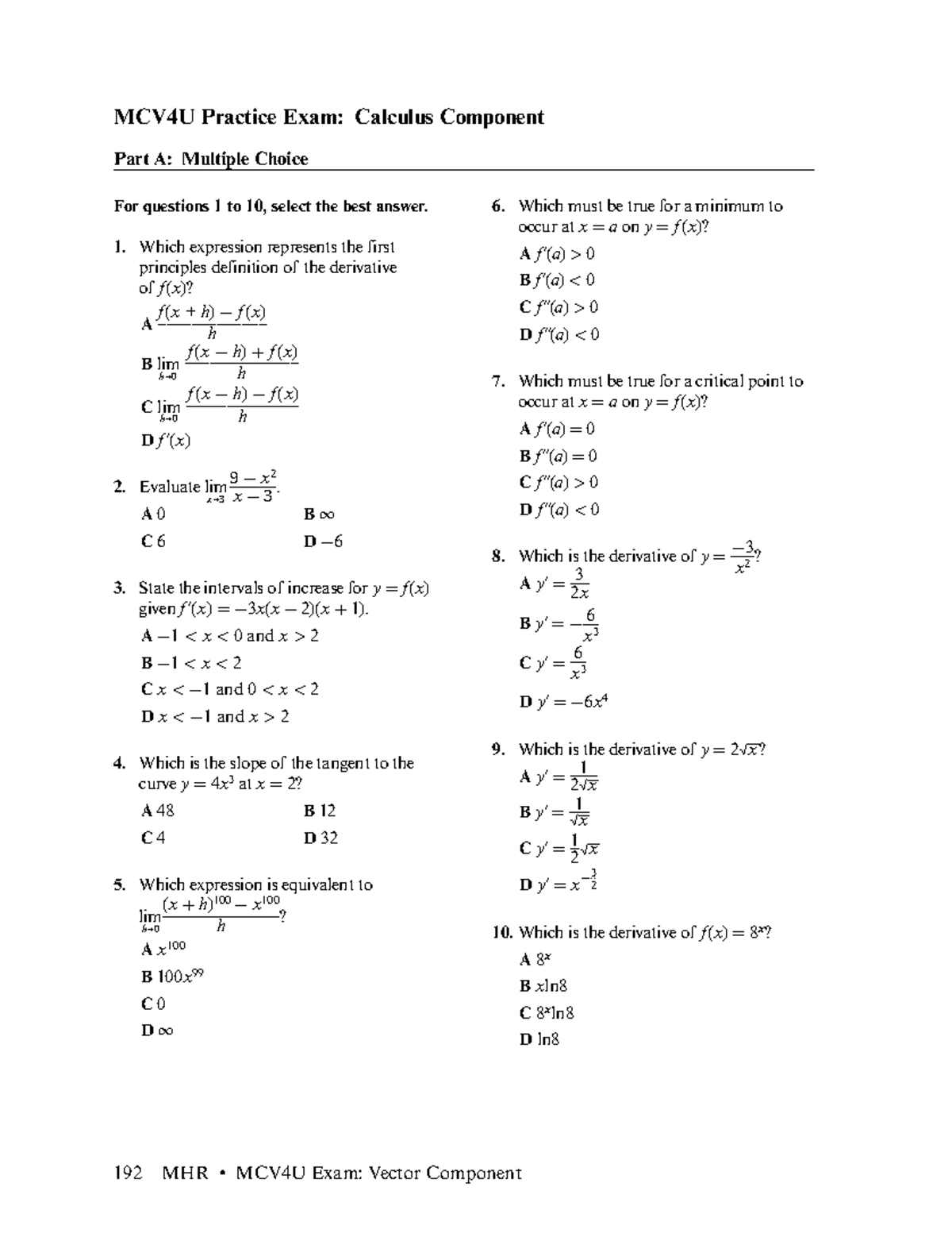 MCV4U Exam Practice Review: Calculus & Vectors Components A & B - Studocu