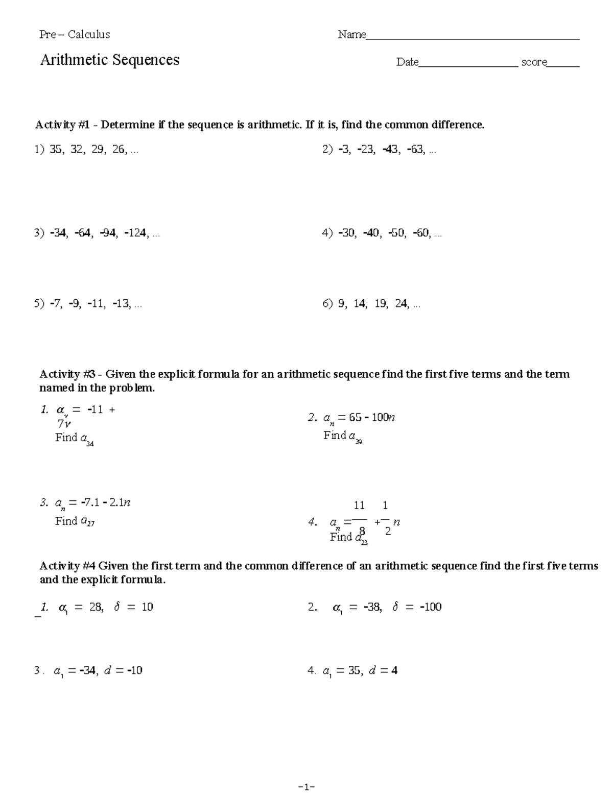 Pre-Calculus Activity: Exploring Arithmetic Sequences and Terms - Studocu