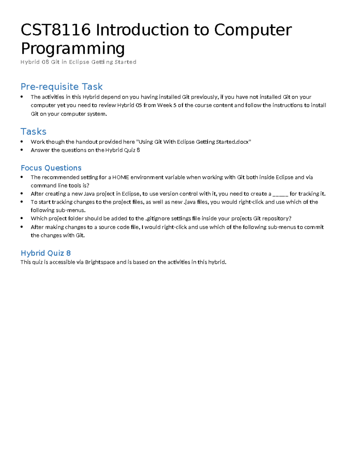 CST8116 Hybrid 08: Getting Started with Git in Eclipse Quiz Guide - Studocu