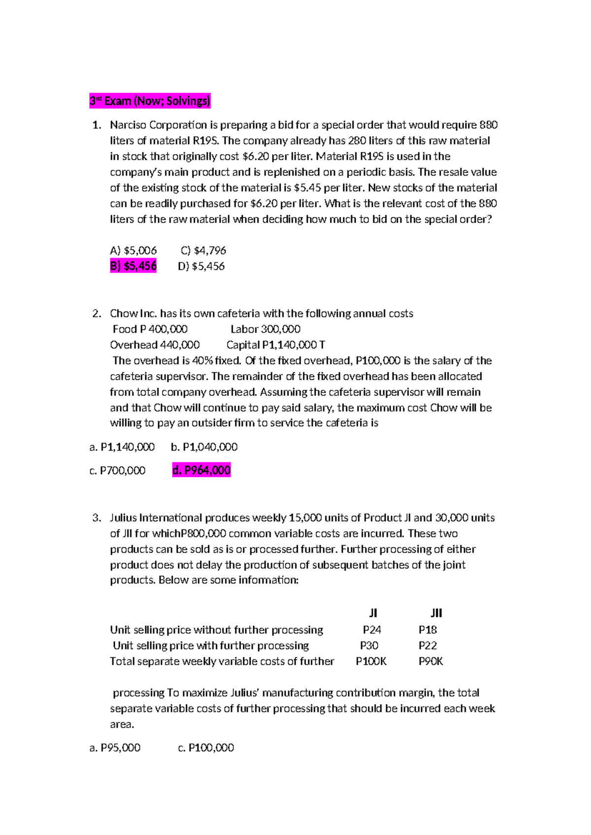 3rd Exam Problem Solving (Relevant Costs and Decision Making) - Studocu