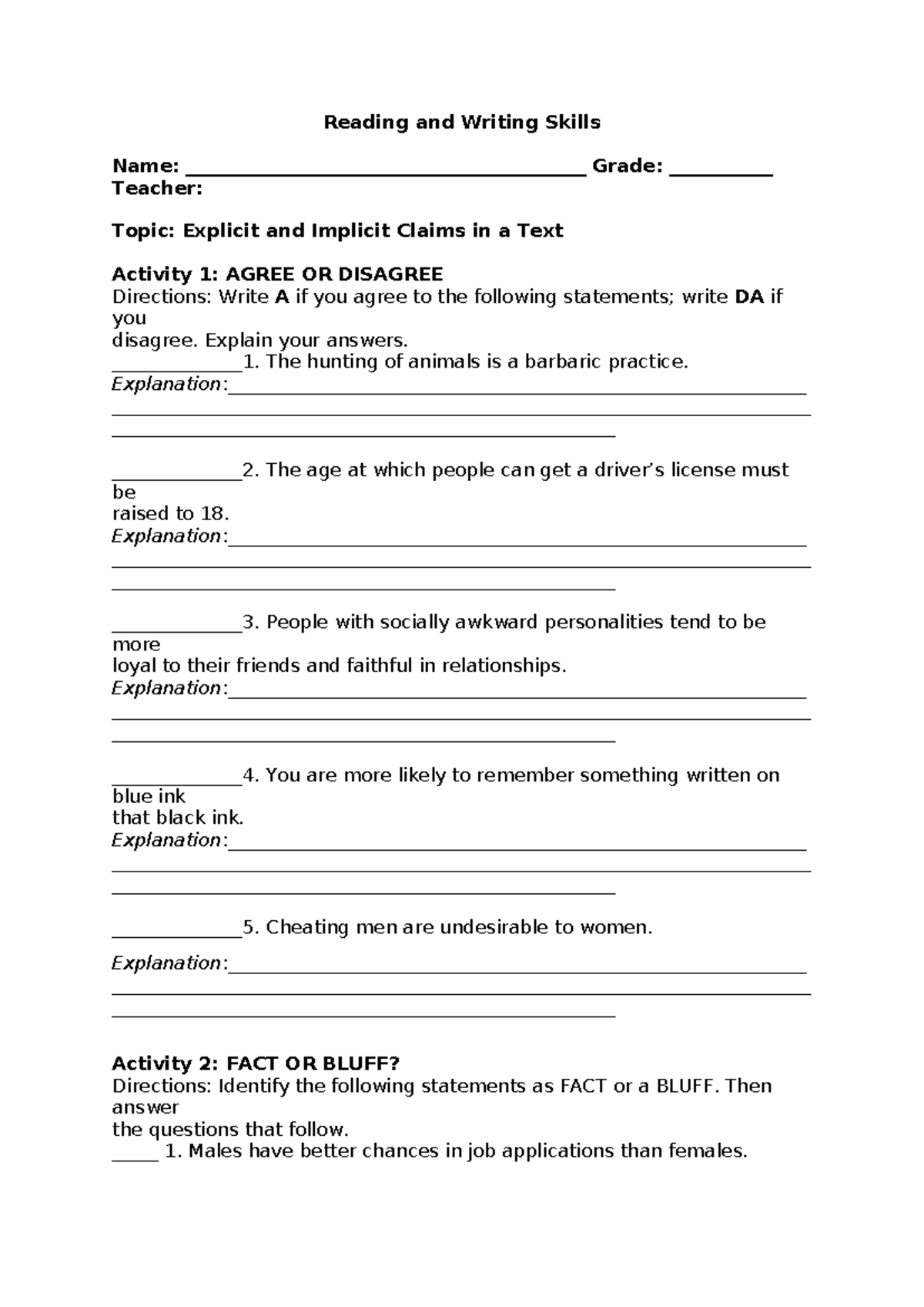 Reading and Writing Skills Q1 L1: Claims and Statements Activity - Studocu