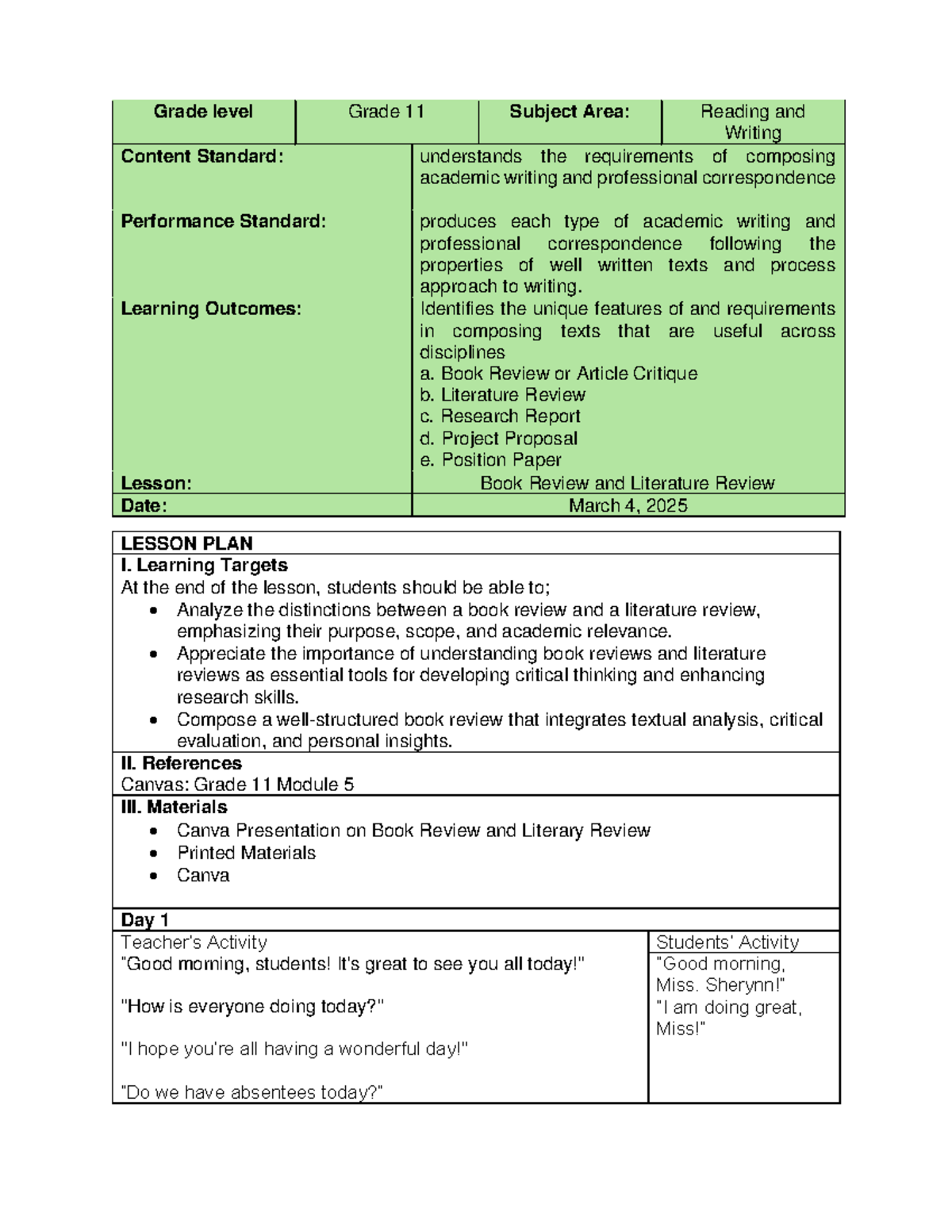 Grade 11 DLP: Book Review & Literature Review Lesson Plan - Studocu