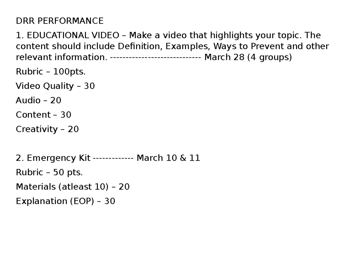 Drr PERF - reference for performance task - Bachelor of Secondary Education - DRR PERFORMANCE ...