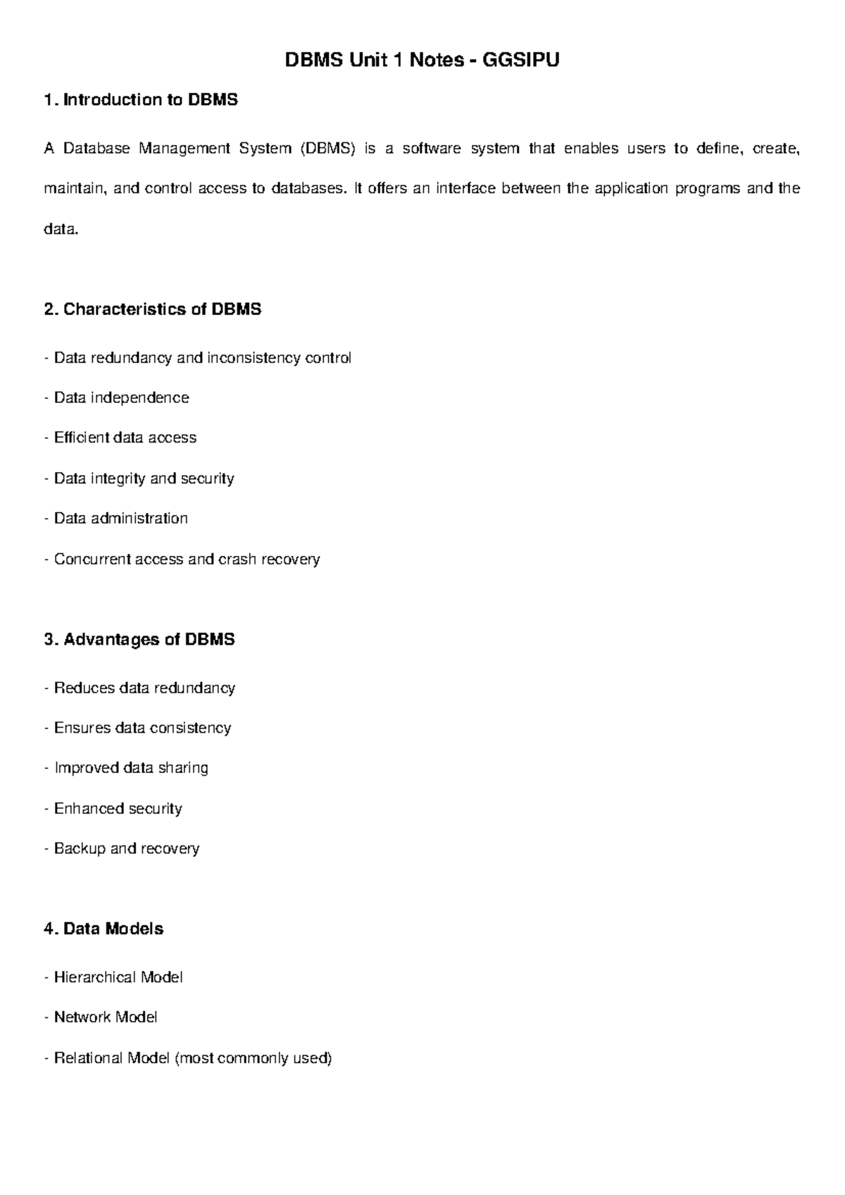 DBMS Unit 1 Lecture Notes GGSIPU: Introduction & Key Concepts - Studocu