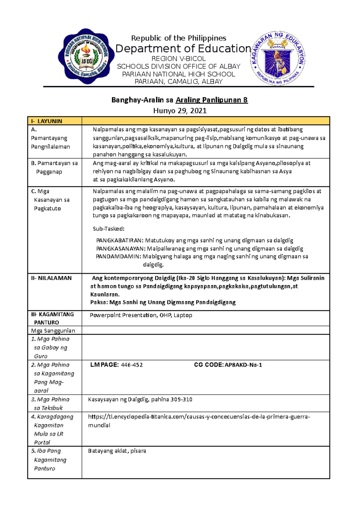 AP Lesson Plan COT - Republic of the Philippines Department of Education REGION V-BICOL SCHOOLS ...