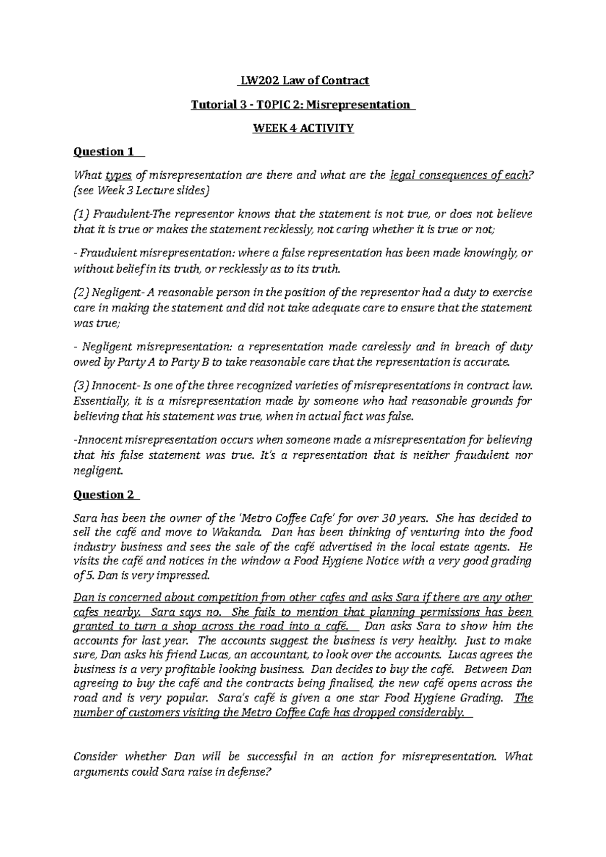 LW202 Topic 3 Week 4 Tutorial Activity - LW202 Law of Contract Tutorial ...