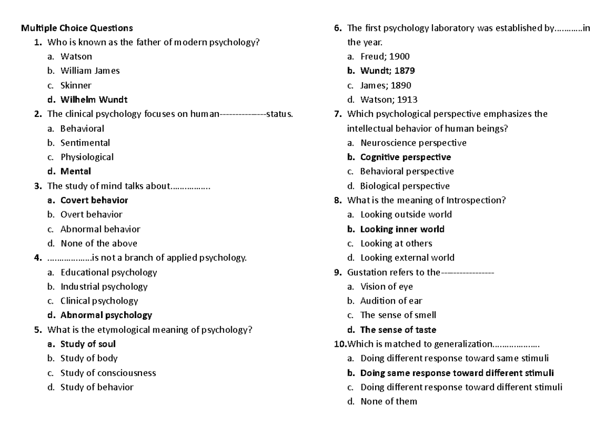 MCQ Practice - Notes on psychology - Multiple Choice Questions 1. Who ...