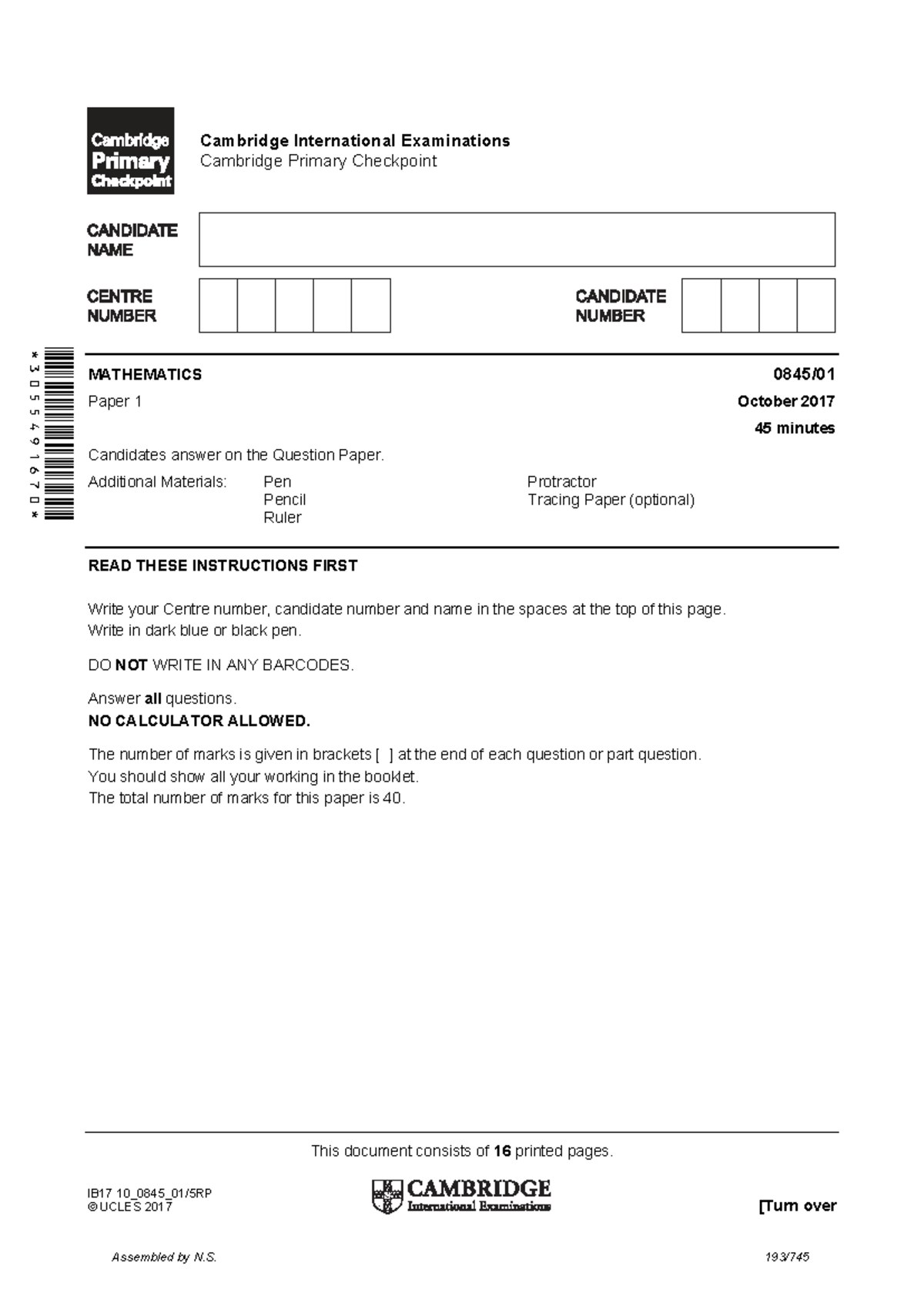 Cambridge Primary Checkpoint Mathematics Paper 1 October 2017 QP - Studocu