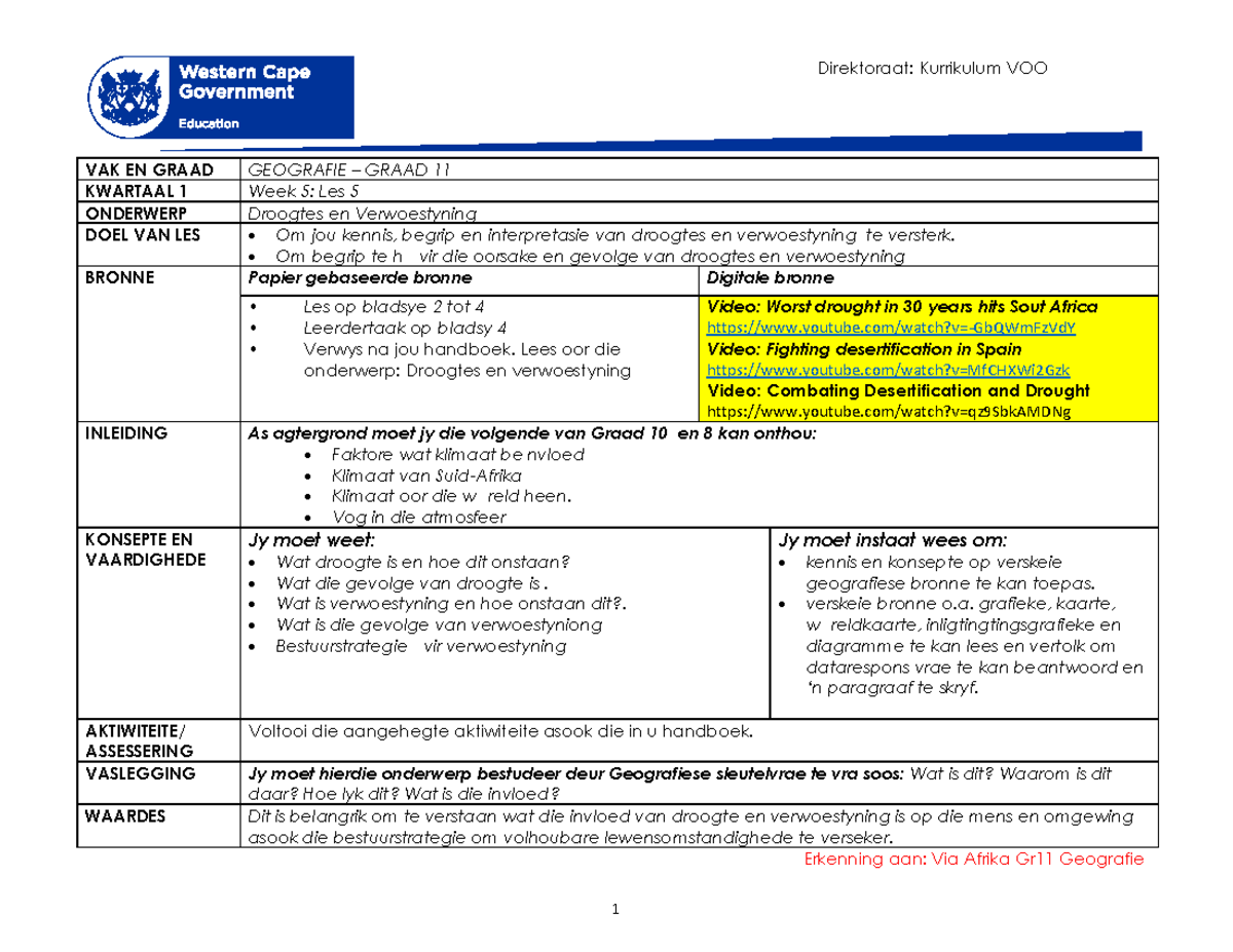 Geografie Graad 11 Kwartaal 1 Week 5: Les oor Droogtes en Verwoestyning ...