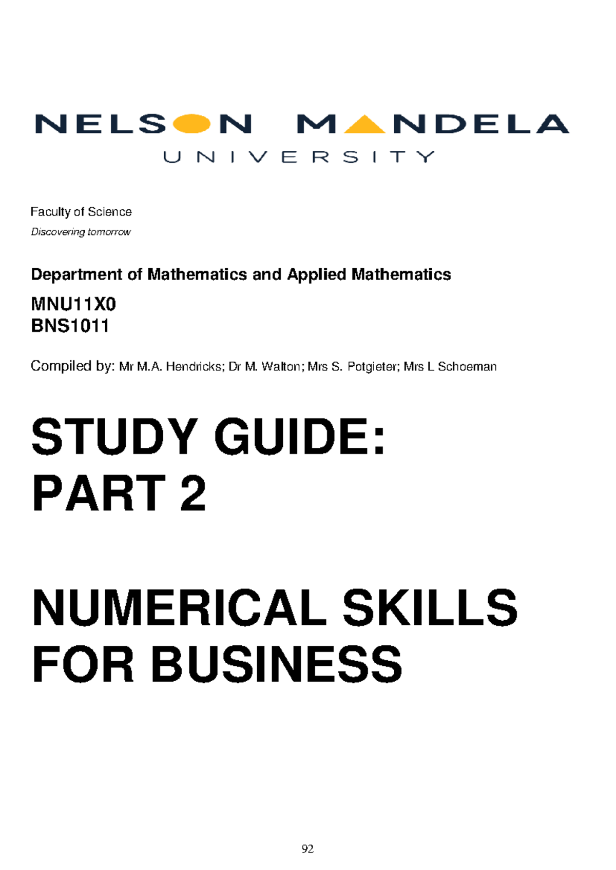 BNS1011 Study Guide: Numerical Skills for Business - Part 2 - Studocu