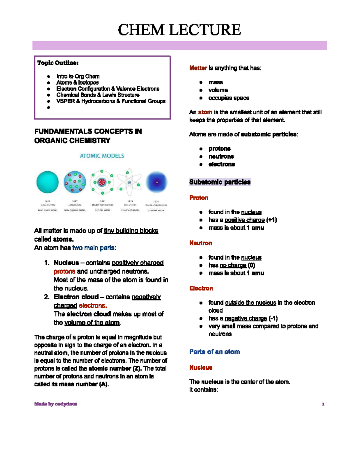 CHEM LECTURE: Intro to Organic Chemistry Concepts and Atomic Models ...