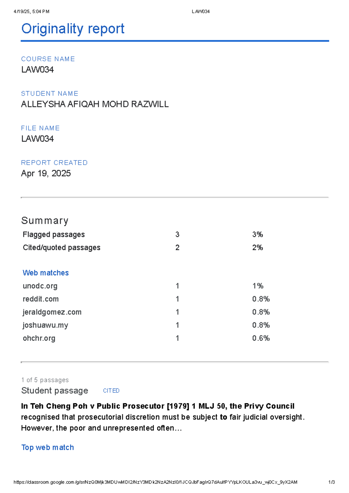 LAW034 - Originality Report Analysis and Findings - Studocu