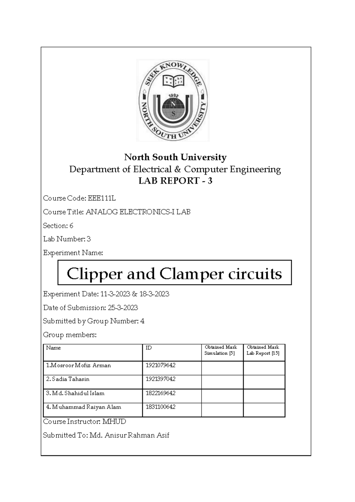 Clipper and Clamper circuits Lab 4 Report - North South University ...