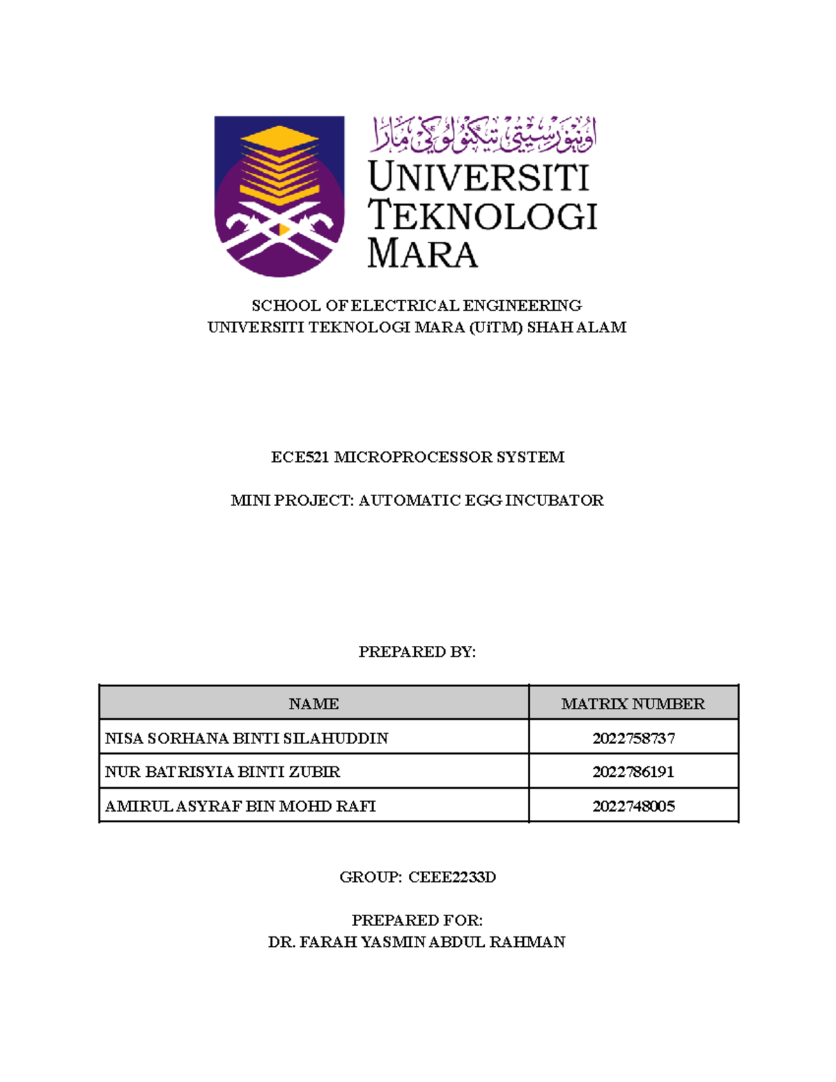 Group 6 ECE521 Report Automatic Egg Incubator - SCHOOL OF ELECTRICAL ...