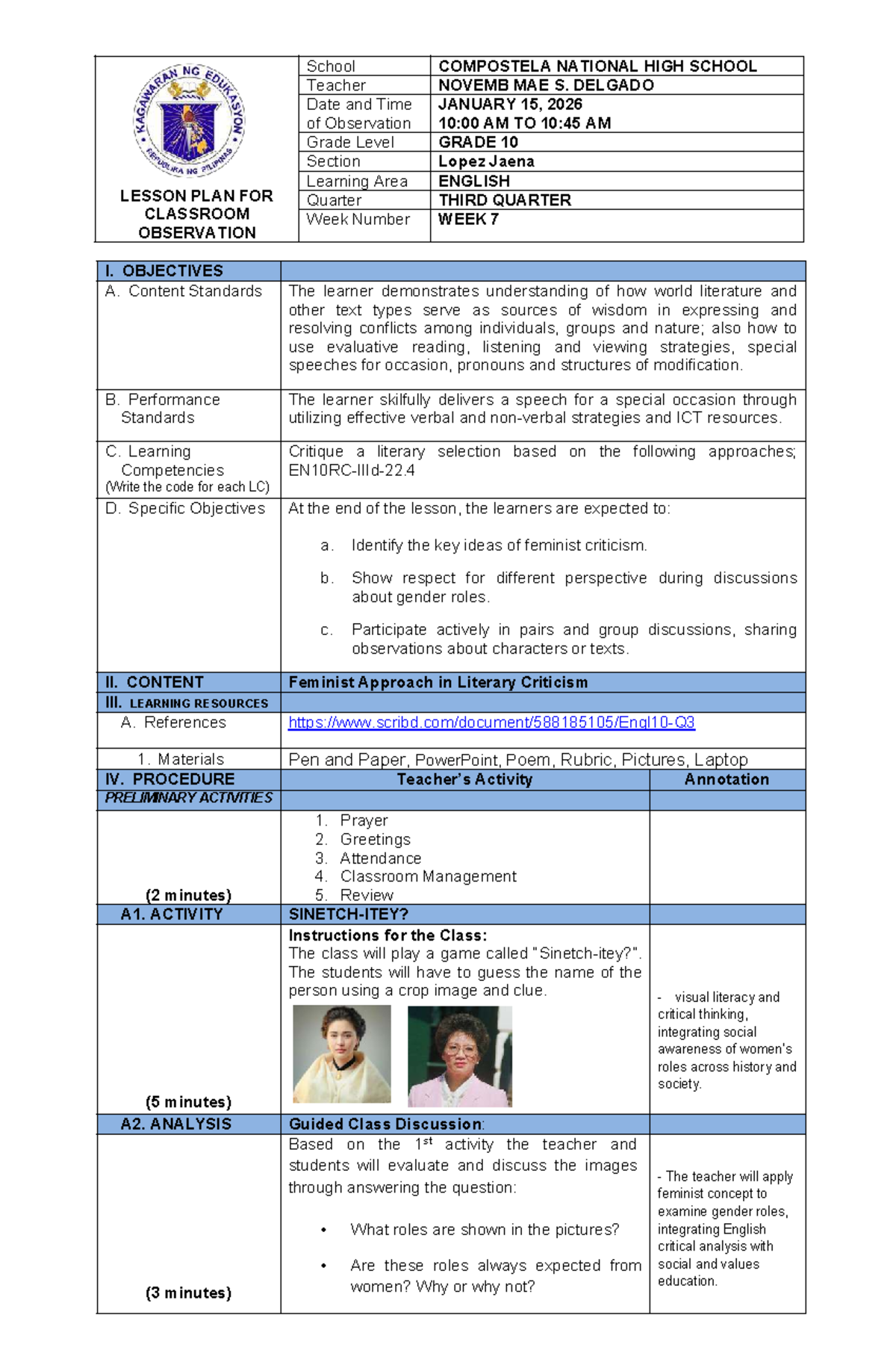 Feminist Lesson Plan for Classroom Observation (Grade 10, English ...