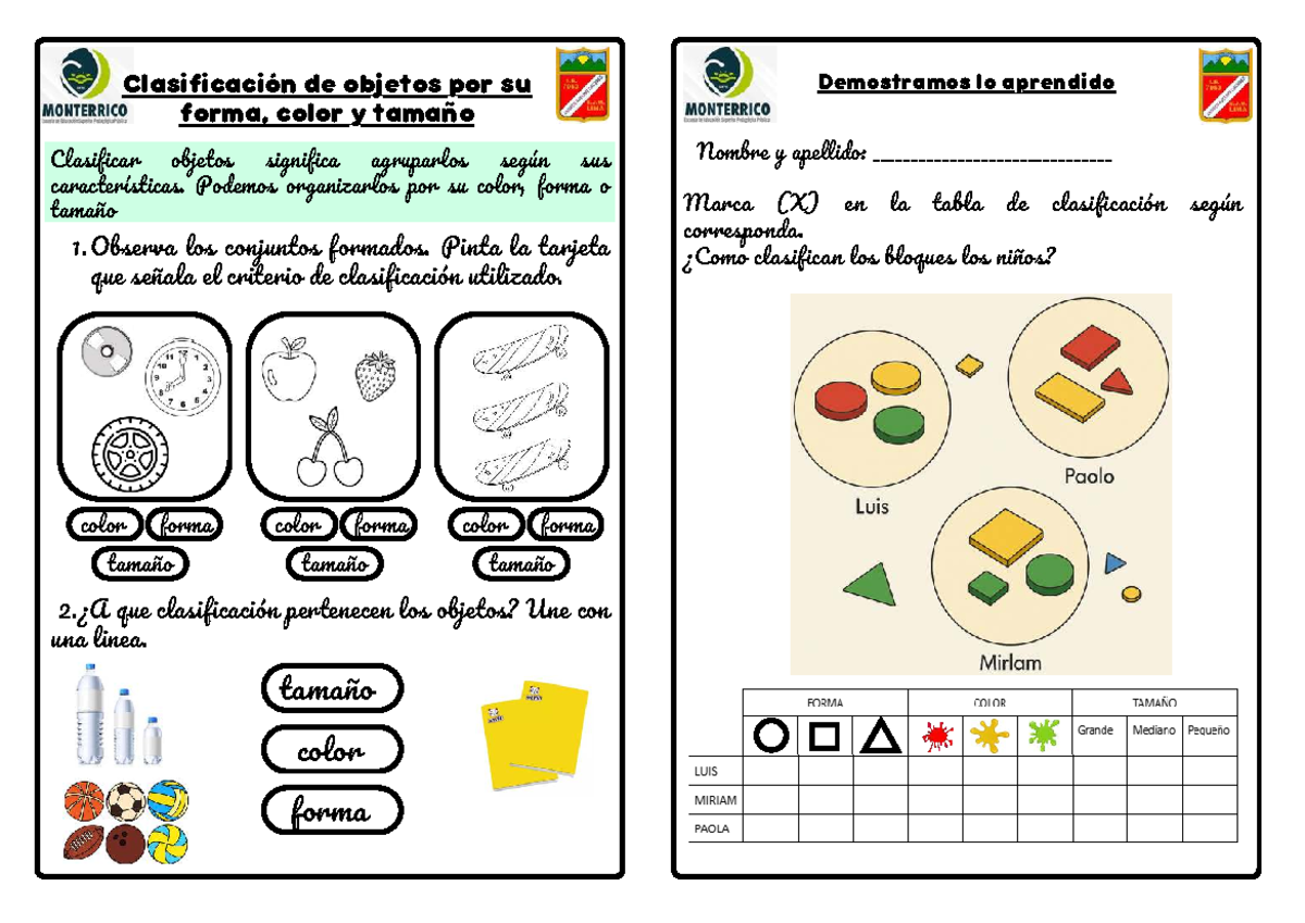 Clasificación de objetos por su forma, color y tamaño - L upe L upe ...