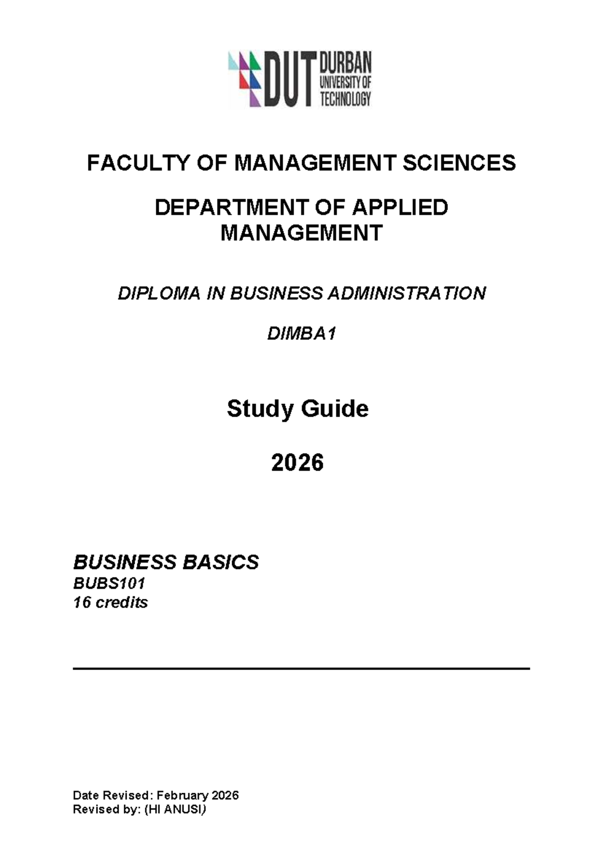 Business Basics Study Guide 2026 - BUBS101 (16 Credits) - Studocu